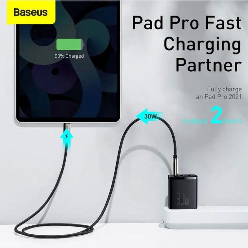Cargador de pared Baseus 3 en 1, 2 puerto usb, 1 puerto tipo C, 30W, para iOS y android, negro ...