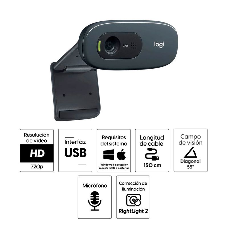 Cámara web Logitech C270 HD 720p, conexión USB, micrófono integrado ...