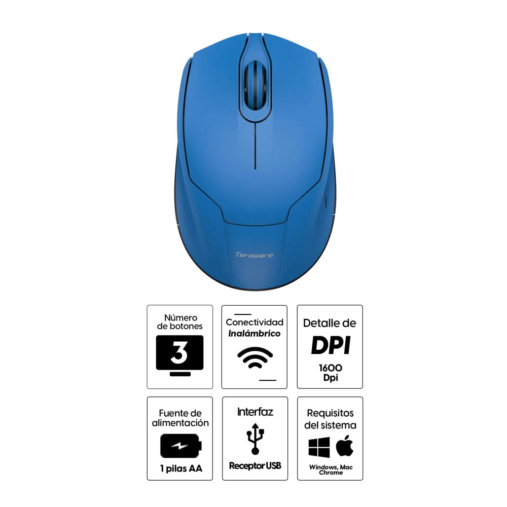 Mouse inalámbrico Teraware 1600 dpi, 3 botones, azul - Coolbox