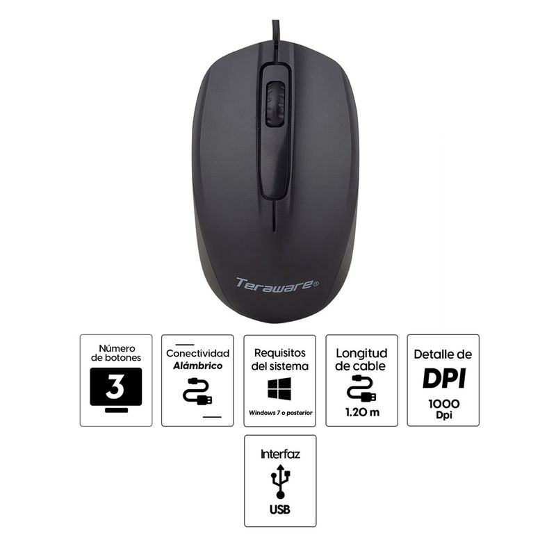 Mouse alámbrico Teraware PJT-M218, conexión usb, 1000 dpi, 3 botones ...