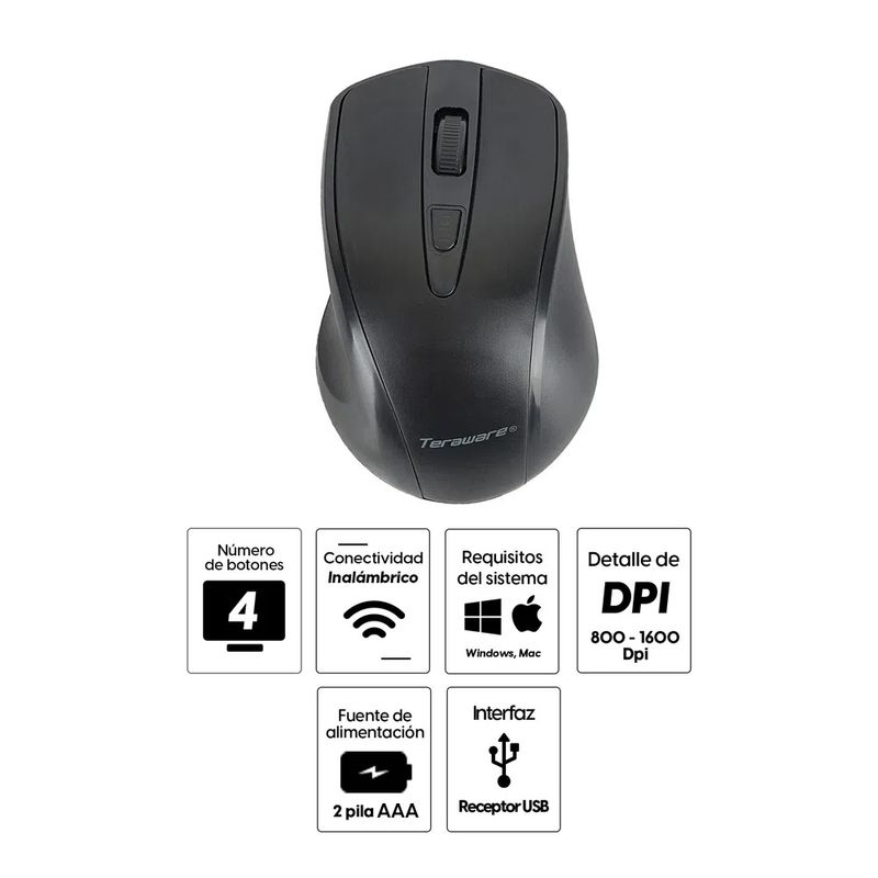 Mouse inalámbrico Teraware 4W019, receptor usb, 1600 dpi, 4 botones ...