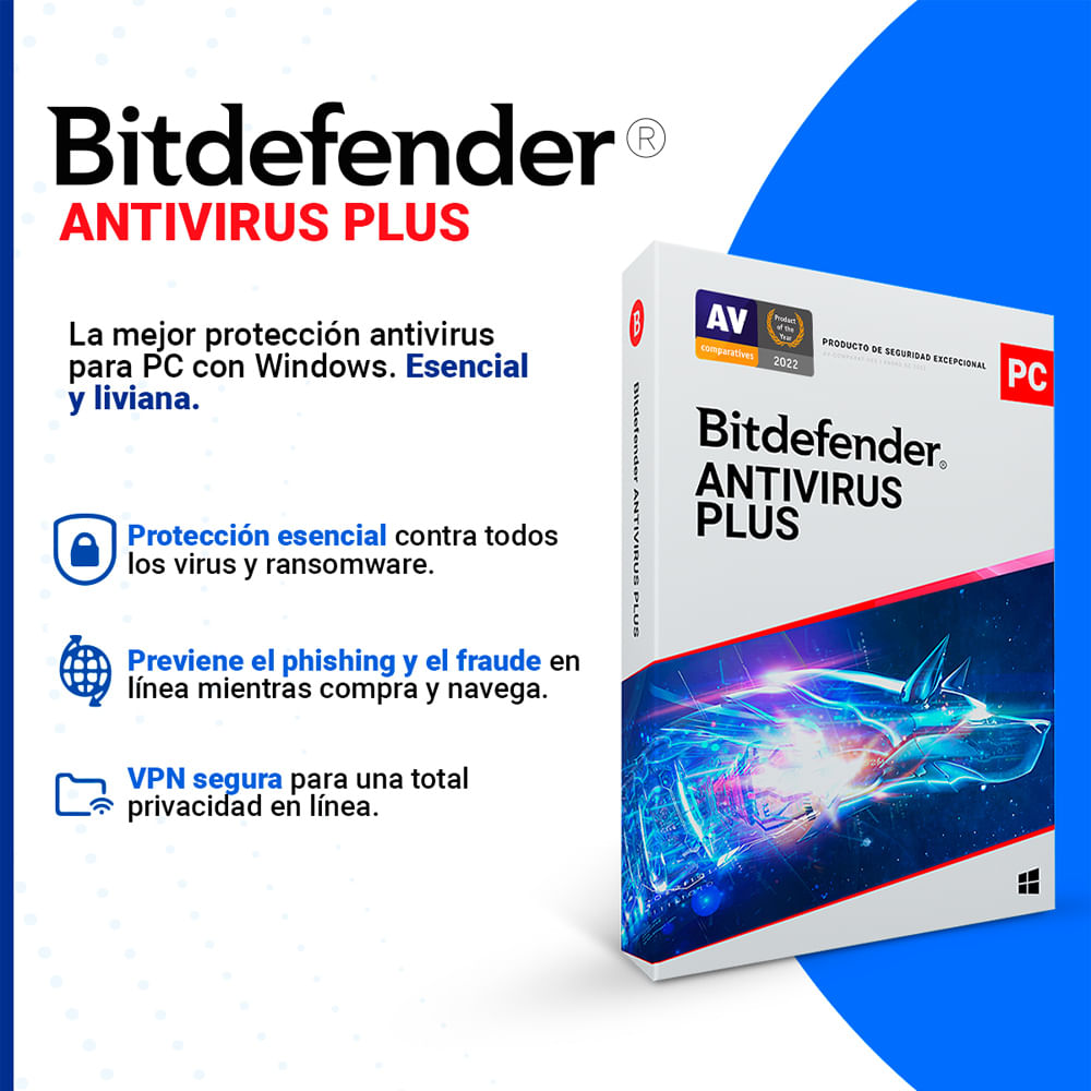 Bitdefender Antivirus Plus 1 dispositivo 1 año para PC - Coolbox