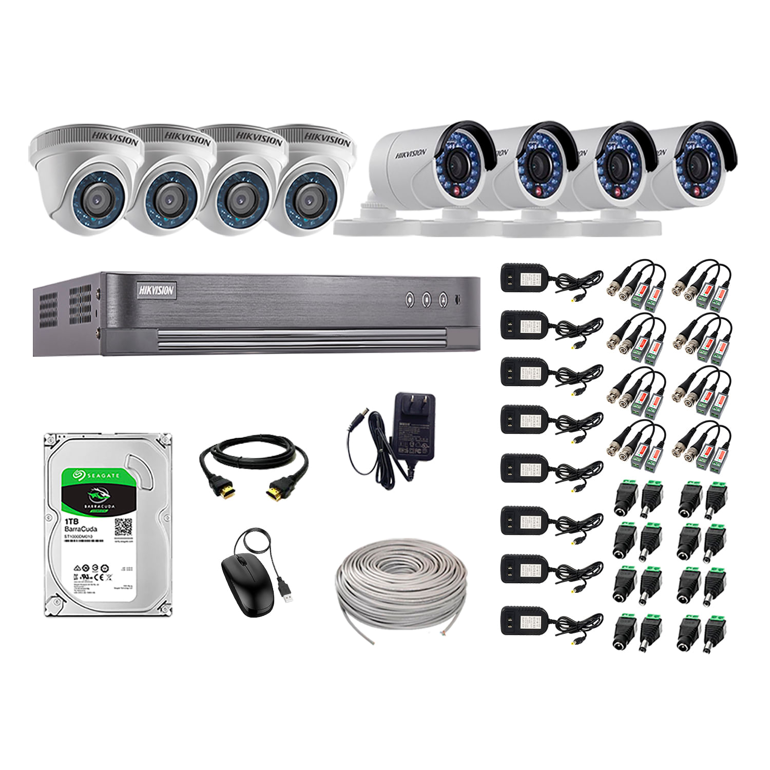 Kit de seguridad Hikvision 4 cámaras Domo Turbo 720P + 4 cámaras Tubo Turbo 720P + dvr + disco ...