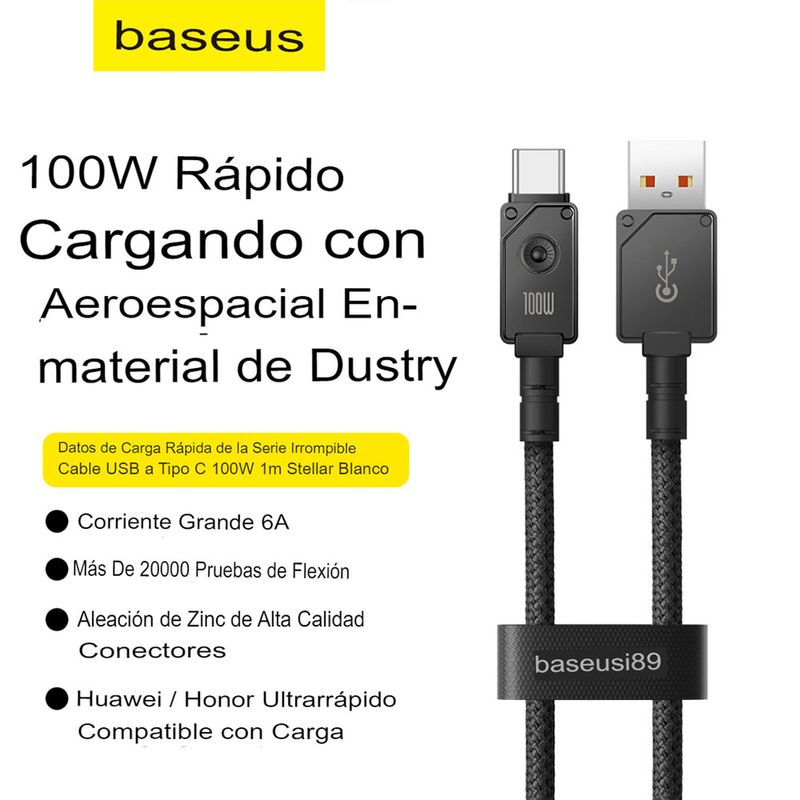 Cable Tipo-C a USB Baseus 1m, 100W, series indestructibles, negro - Coolbox