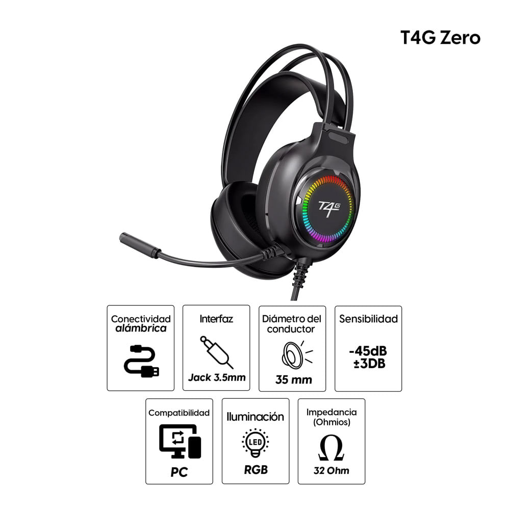 Audífonos gamer T4G Zero, conexión 3.5mm, RGB, negro - Coolbox