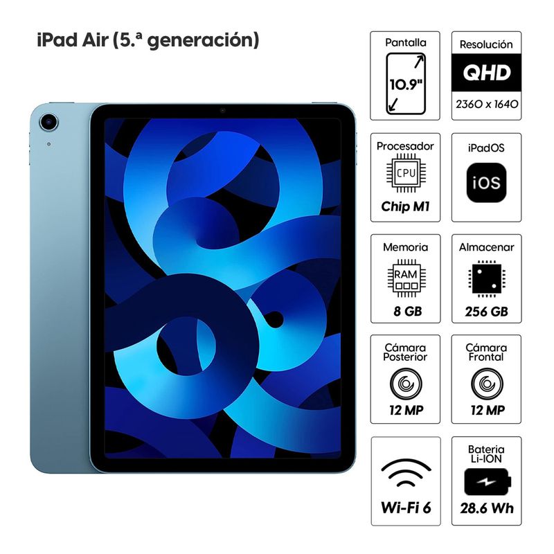 iPad Air (5ta Gen) 10.9" WiFi, 256GB, 8GB ram, cámara principal 12MP ...