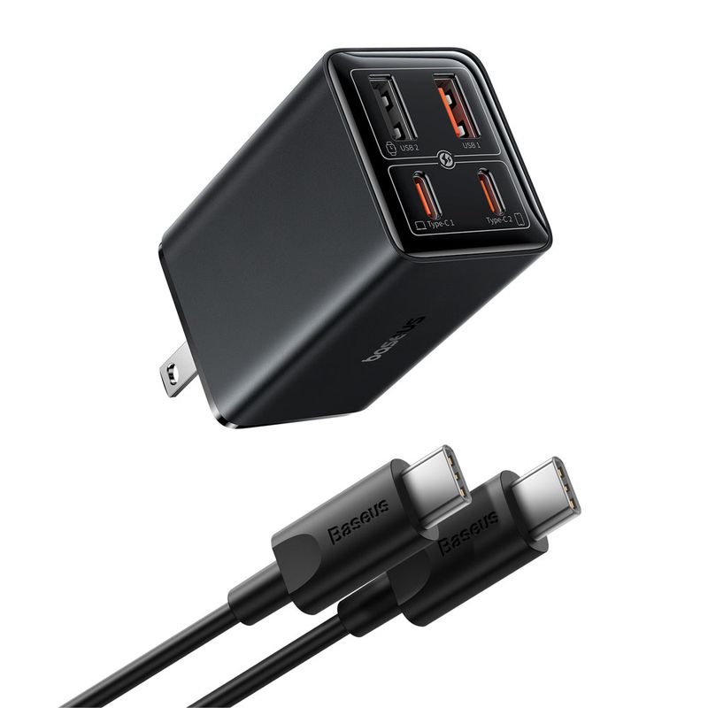 Cargador de pared + cable Baseus GAN 6 Pro 2 puertos tipo c, 2 puertos usb, 65W, cable tipo c a ...