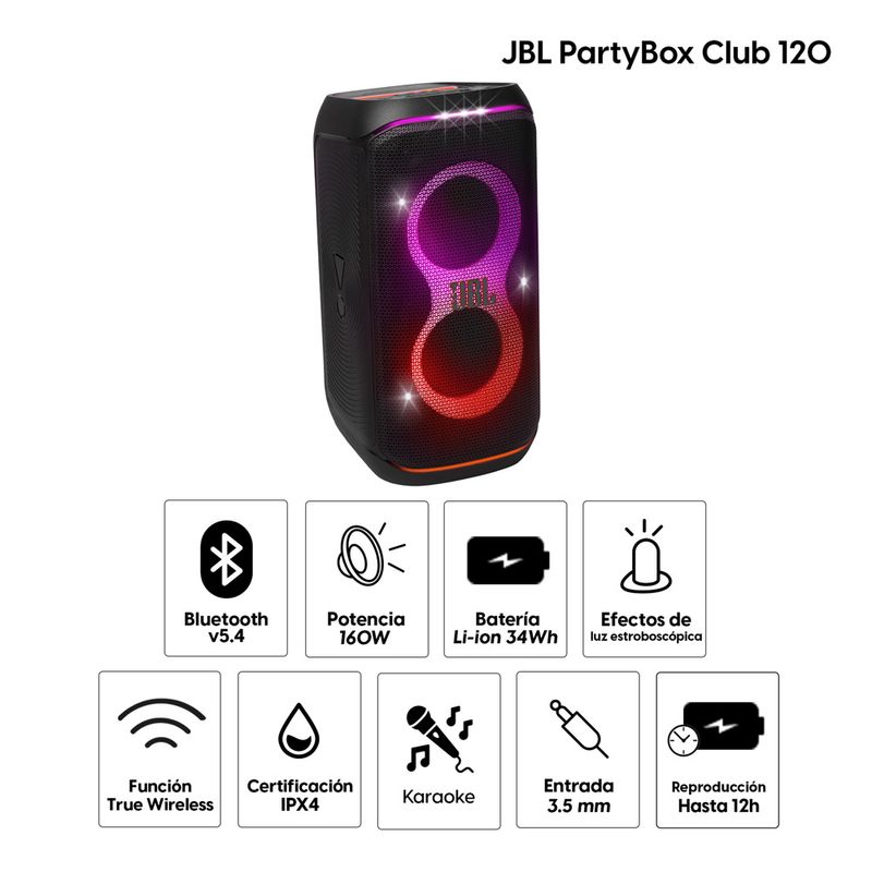 Parlante bluetooth JBL PartyBox Club 120 potencia 160W, resistente al ...