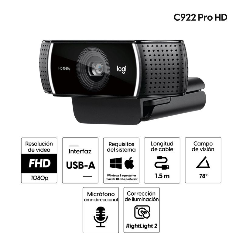 Cámara web Logitech C922 Pro Stream FHD 1080p, conexión USB, micrófono ...