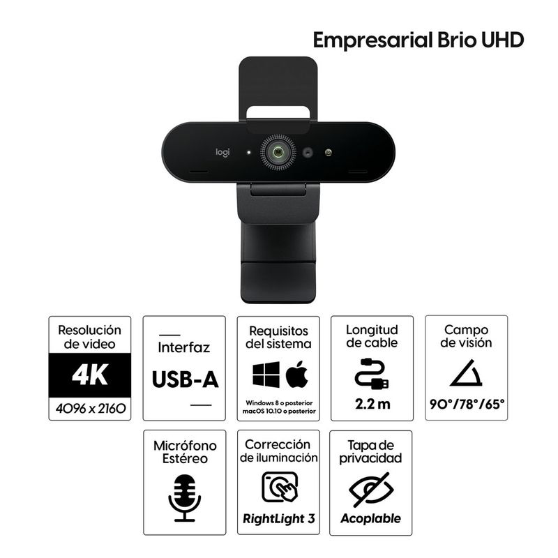 Cámara web Logitech empresarial Brio UHD 4K, conexión USB, micrófono ...