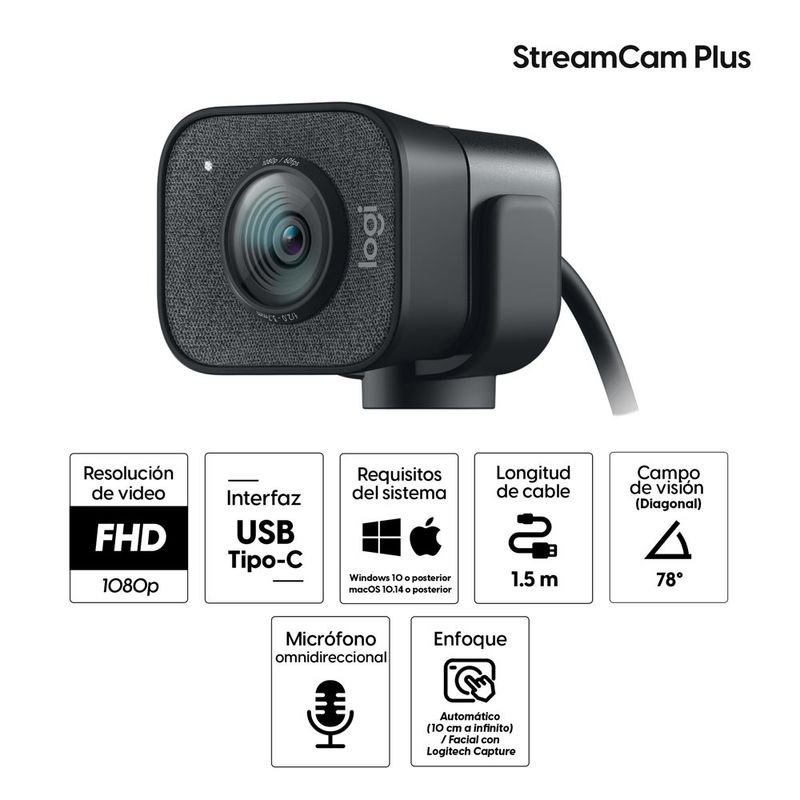 Cámara web Logitech Streamcam Plus FHD 1080p, conexión USB Tipo-C ...