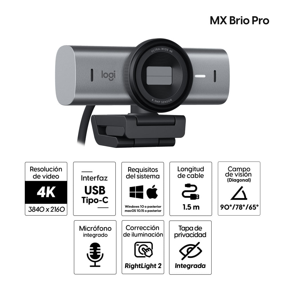 Cámara web Logitech MX Brio Pro 700, UHD 4K, conexión USB Tipo-C, micrófono integrado, tapa de ...
