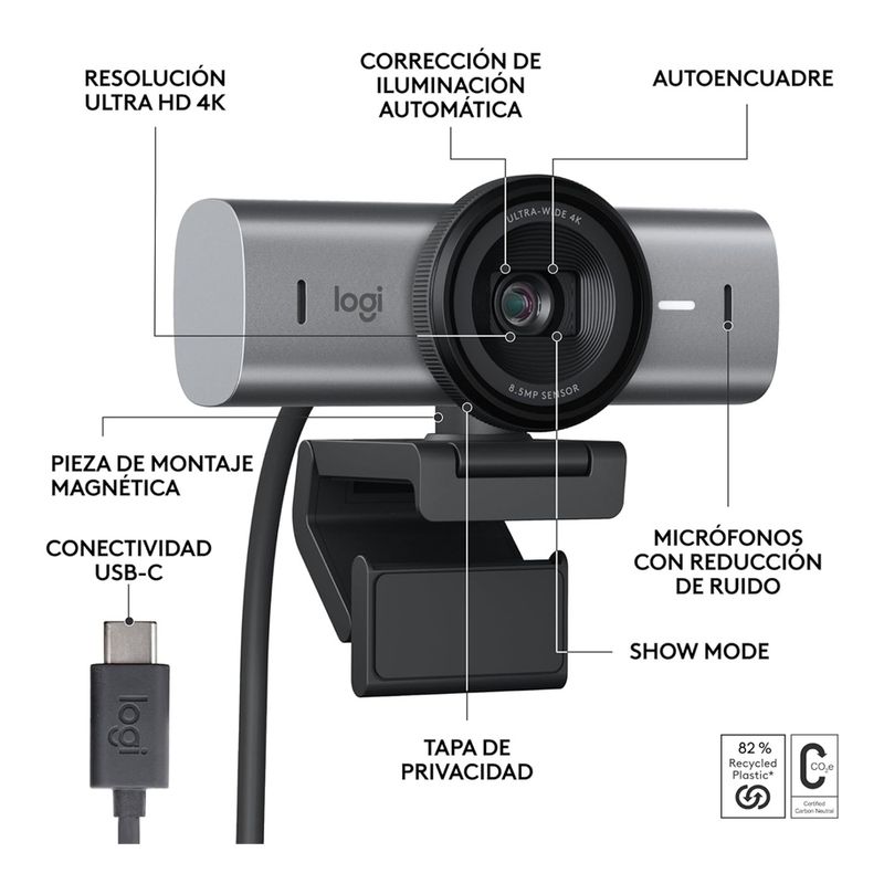 Cámara web Logitech MX Brio Pro 700 UHD 4K, conexión USB Tipo-C, micrófono integrado, tapa de ...
