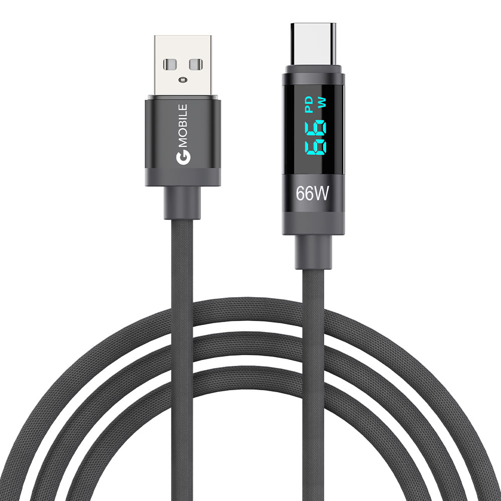 Cable Tipo-C a USB, 2m, 66W, trenzado, pantalla LED, negro - Coolbox