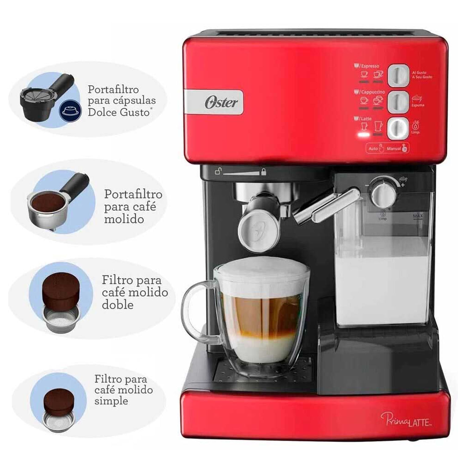 Cafetera espresso Oster PrimaLatte 1050w, capacidad 1.5 litros, con ...