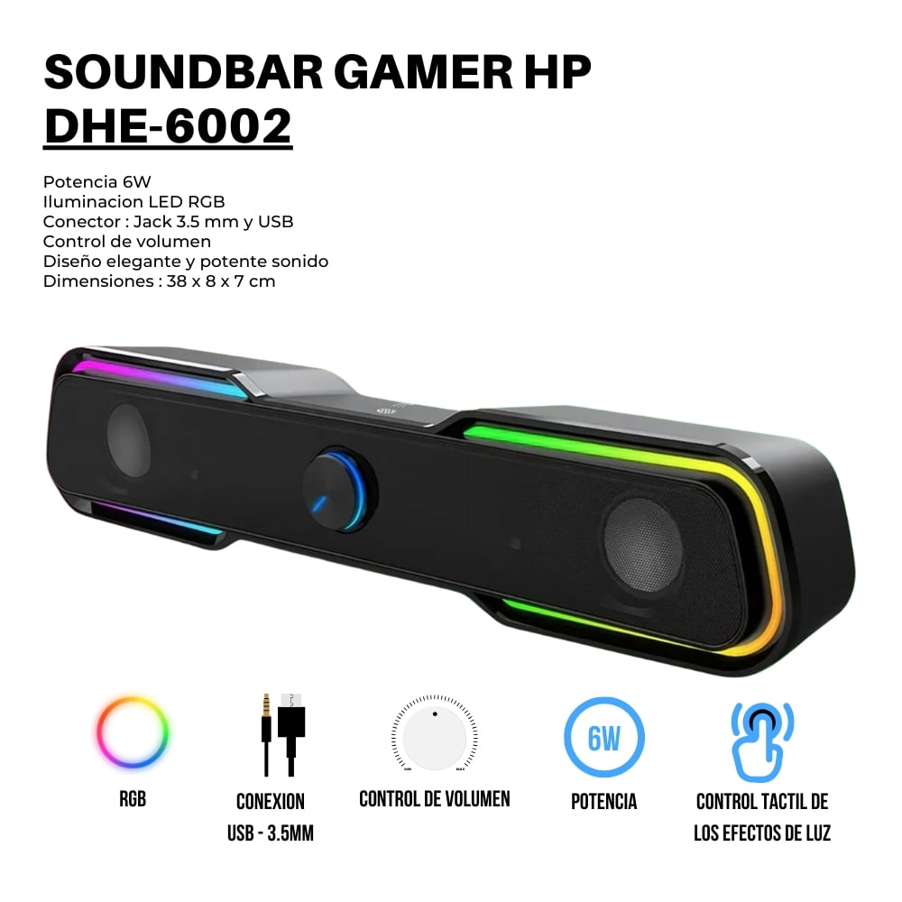 Parlante gamer HP DHE-6002 barra de sonido RGB 6W USB jack negro - Coolbox